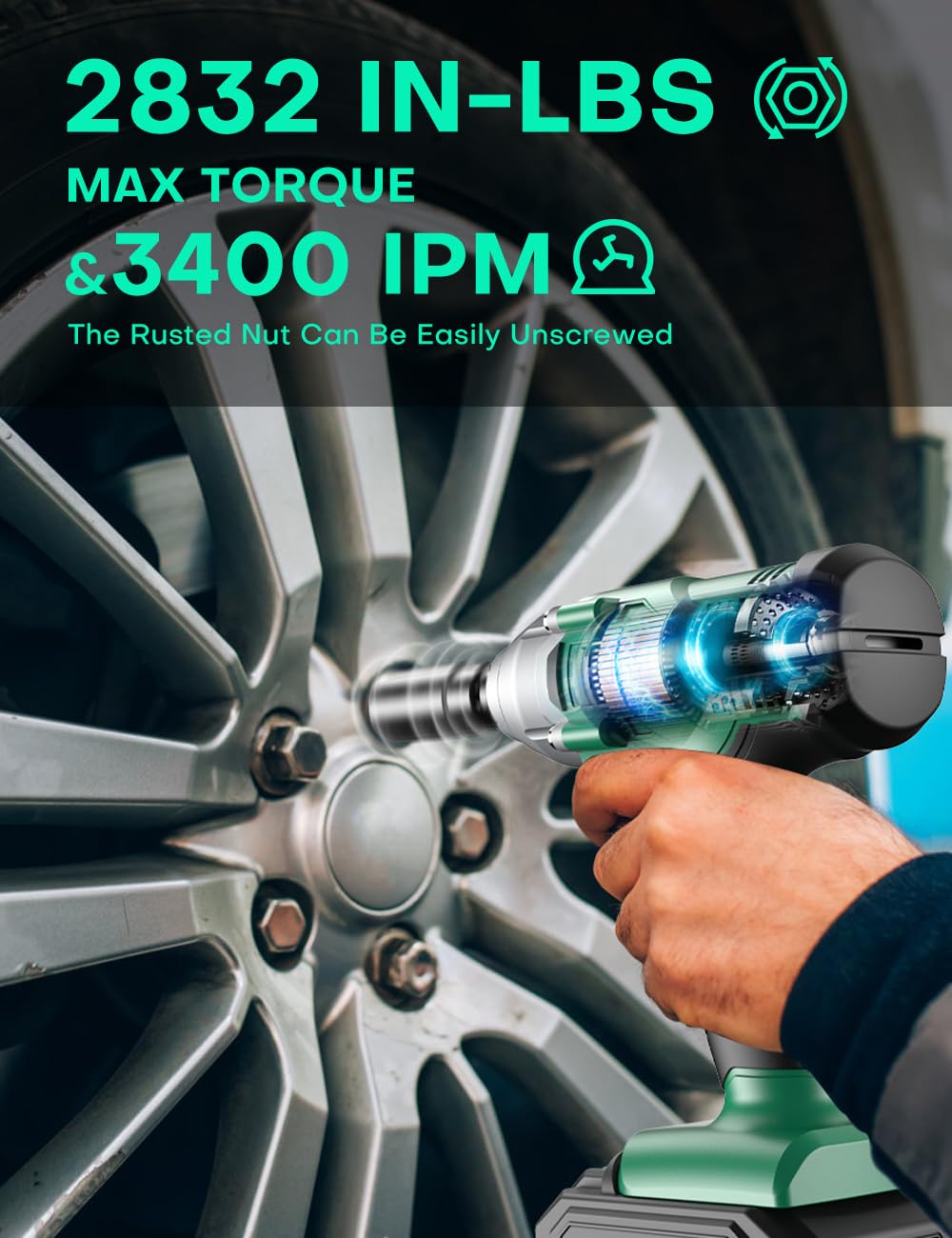 KIMO 20V Cordless Impact Wrench 1/2 inch, 2832In-Lbs & High Torque 3400 IPM, Impact Gun w/Battery & Charger, 7 Pcs Impact Driver Sockets, Electric Impact Drill Set w/Variable Speed for Car Tires