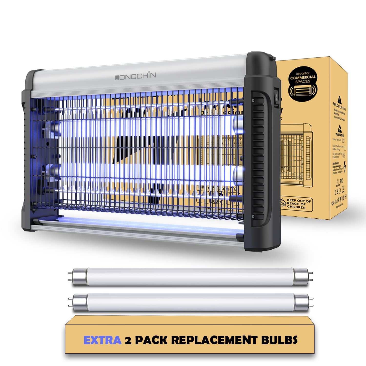 Longchin Indoor Electric Insect Killer & Bug Zapper(20W), Mosquito, Bug, Moth, Fly Killer - Powerful 2800V Grid - 2-Pack Replacement Bulbs Included - for Residential & Commercial Indoor Use Only