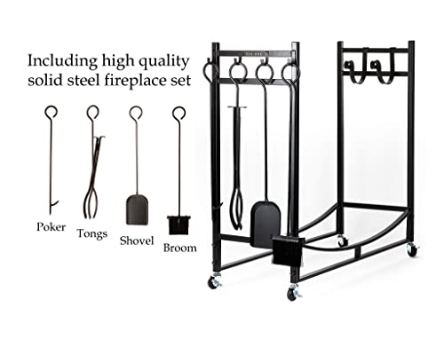 KAG ONE Firewood Storage Rack with Kindling Holder, Black, Metal, 33.4"L x 13"W x 32.9"H, 200 LBS Weight Capacity