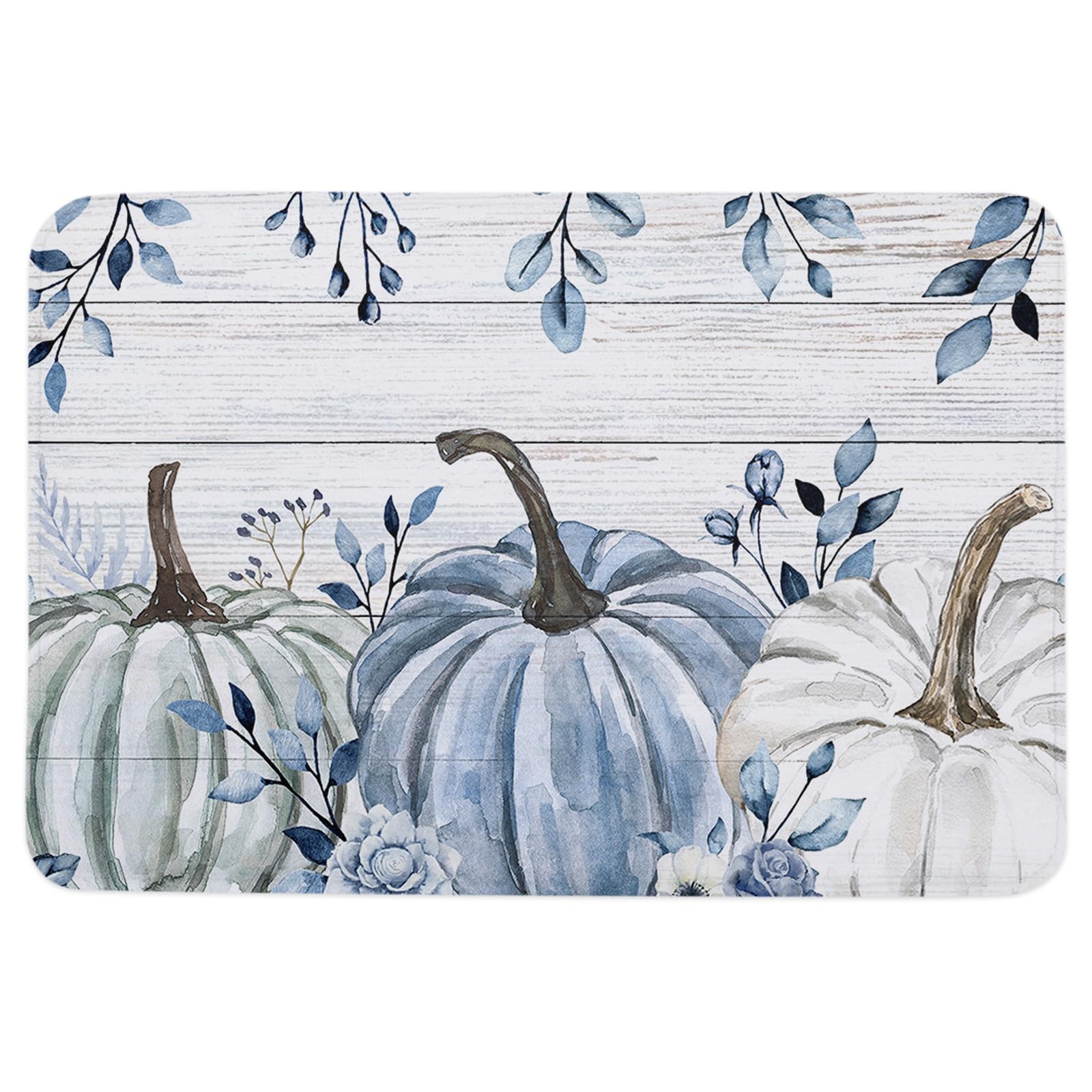 Fall Bathroom Rugs Blue Pumpkin Fall Bath Mat Sponge Doormat, White Blue Pumpkins Wooden Absorbent Bath Mat Non Slip Washable Durable Foam Mats Carpet for Bathroom Kitchen,18 x 30 Inch