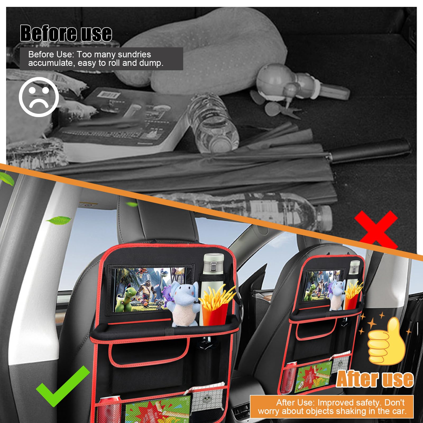 DoSTHin 2 Pack Backseat Car Organizer with Foldable Table Tray, Seat Back Protectors Kick Mats for Travel Accessories Car Organizers and Storage