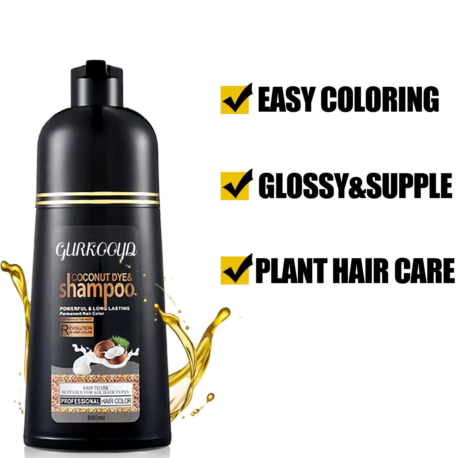 GURKOOYD Black Hair Dye Shampoo,Jet Black Hair Dye Permanent,Champoo Tinte Para Aclarar El Pelo Oscuro Platinado Matizador(Black)