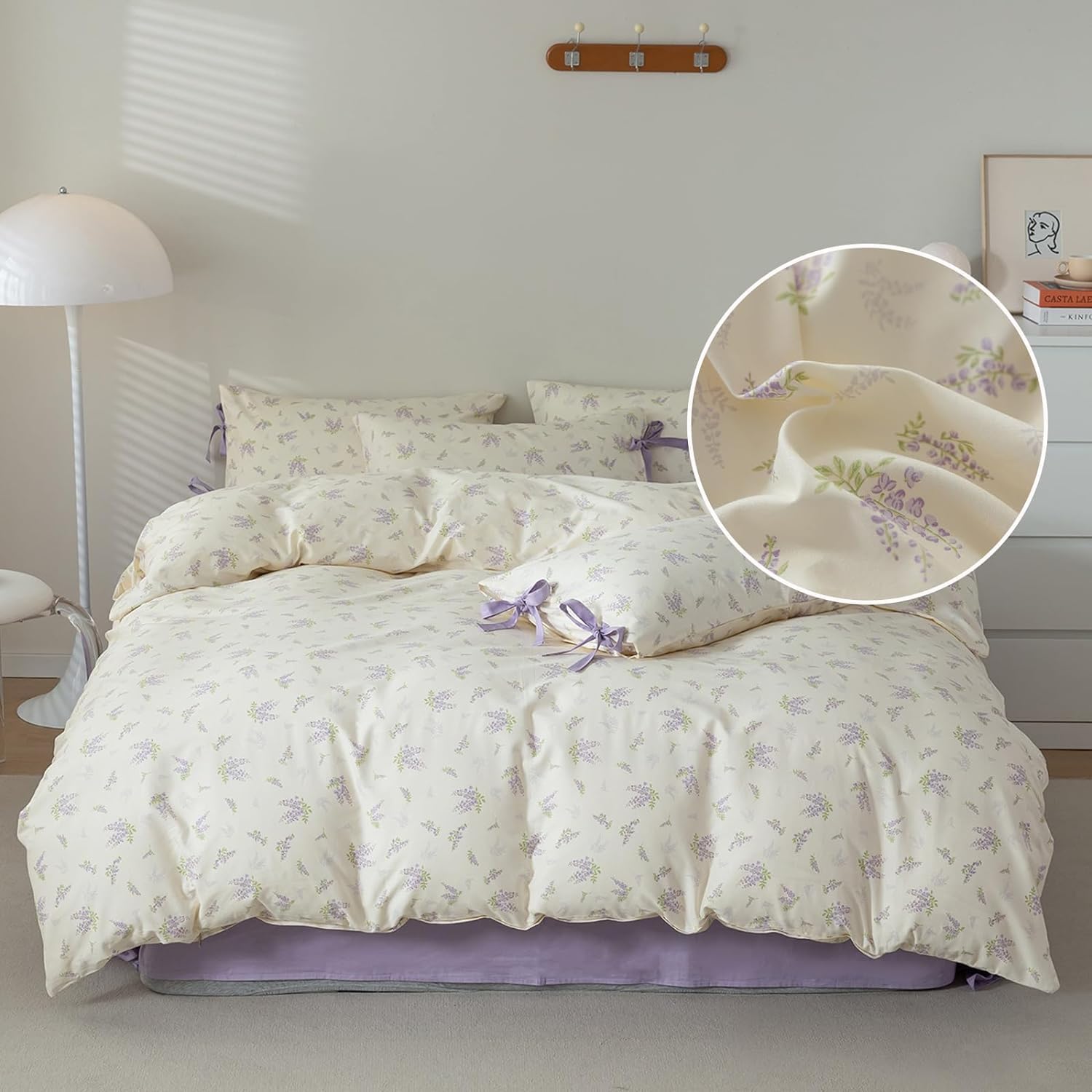Lilac Floral Comforter Set Full Purple Flower Comforter Set Garden Fluffy Cute Floral Bedding Comforter Set Vintage Botanical Comforter for Girls Women 1 Floral Comforter with 2 Bow Ties Pillowcases