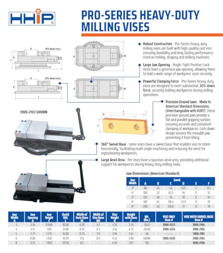 HHIP 3900-2102 Pro-Series Heavy Duty Milling Vise with Swivel Base, 4" Jaw Width, 4" Jaw Opening (Pack of 1)