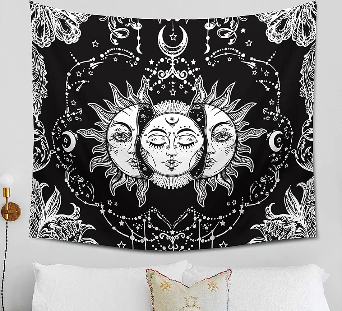 EWYN Sun and Moon Tapestry,Black and White Tapestries Mystic Burning Sun with Star Wall Hanging decor for Bedroom (70.9"x 90.6", Black White)