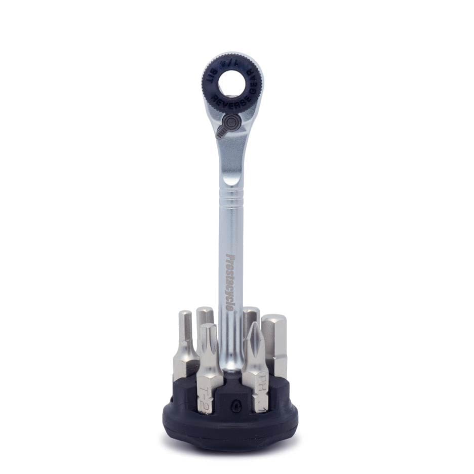 Prestacycle Prestaratchet Micro, Heavy-Duty Mini Ratchet & 1/4 Bits for Bike Repair & Maintenance, 40Nm Small Ratchet & Screwdriver with 6 Hex Bit Set, with Round Bit Holder & Tool Stand