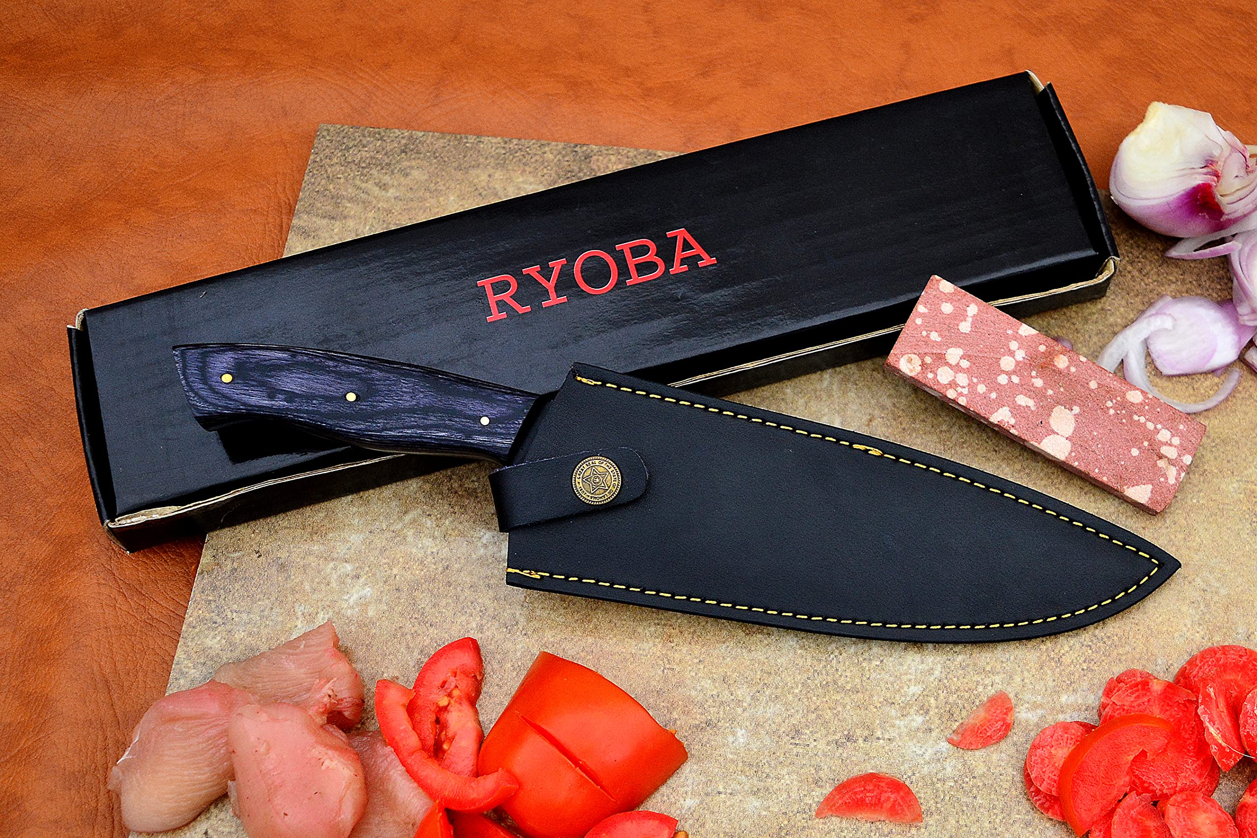 RYOBA Chef Knife 8 inch Kitchen Knife Ultra Sharp High Carbon Stainless steel Japanese chef knife with Finger Guard-Titanium Plated Black Chef Knife WITH Sheath and Sharpener in Gift Box