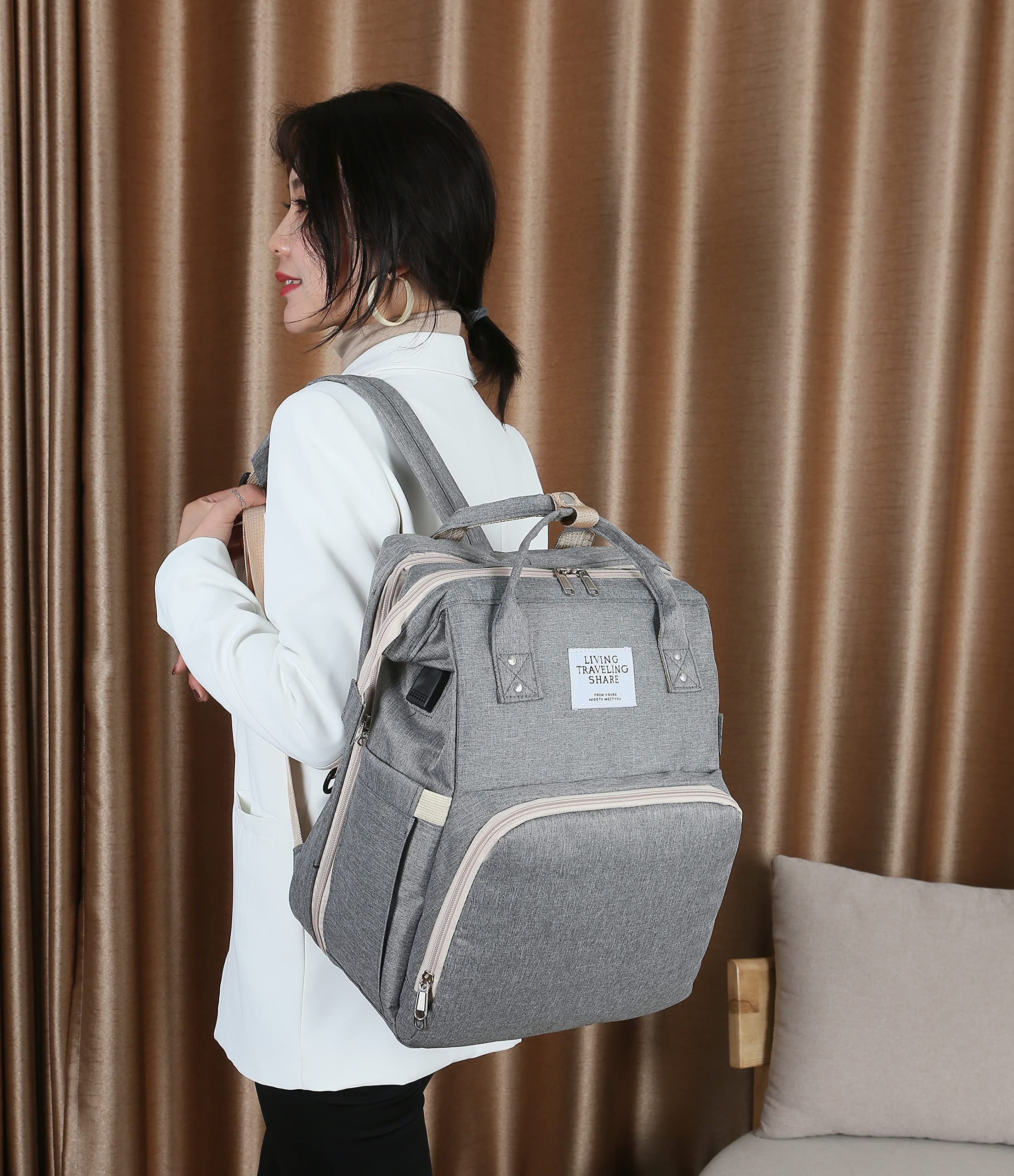 HNG KIANG HU 3 in 1 Diaper Bag Backpack,Multifunction Large Waterproof Diaper Bag with USB Charging Port for Travel (Grey)