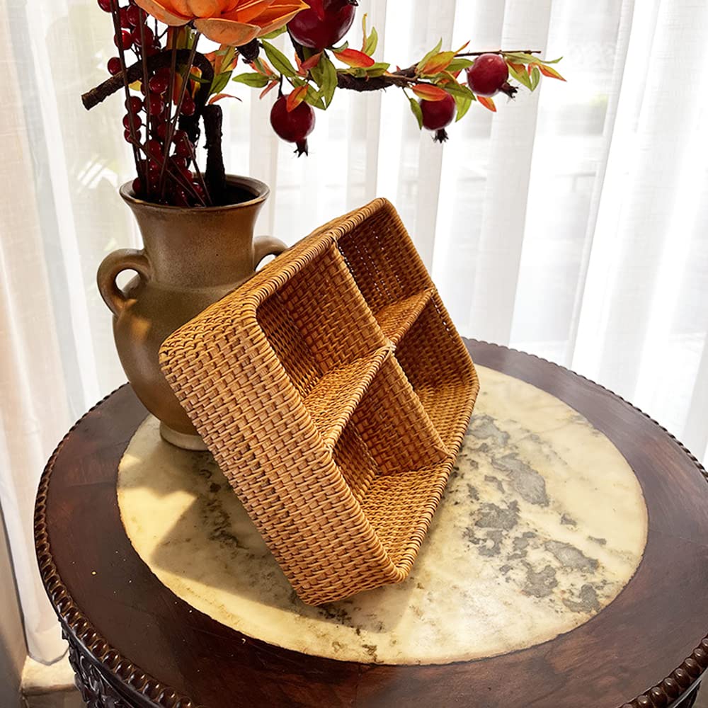 i-lan 4 Compartments Rectangular Rattan Basket, 12 Inch Divided Basket Tray with 3β Deep Wall, Decorative Flat Wicker Serving Basket for Fruit, Snacks, Catch All Dish, Brown