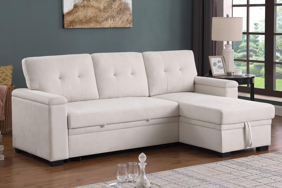 Lilola Home Lucca II 84.5" W Beige Woven Fabric Reversible Sleeper Sectional Sofa with Storage Chaise and Pocket Coil Seating