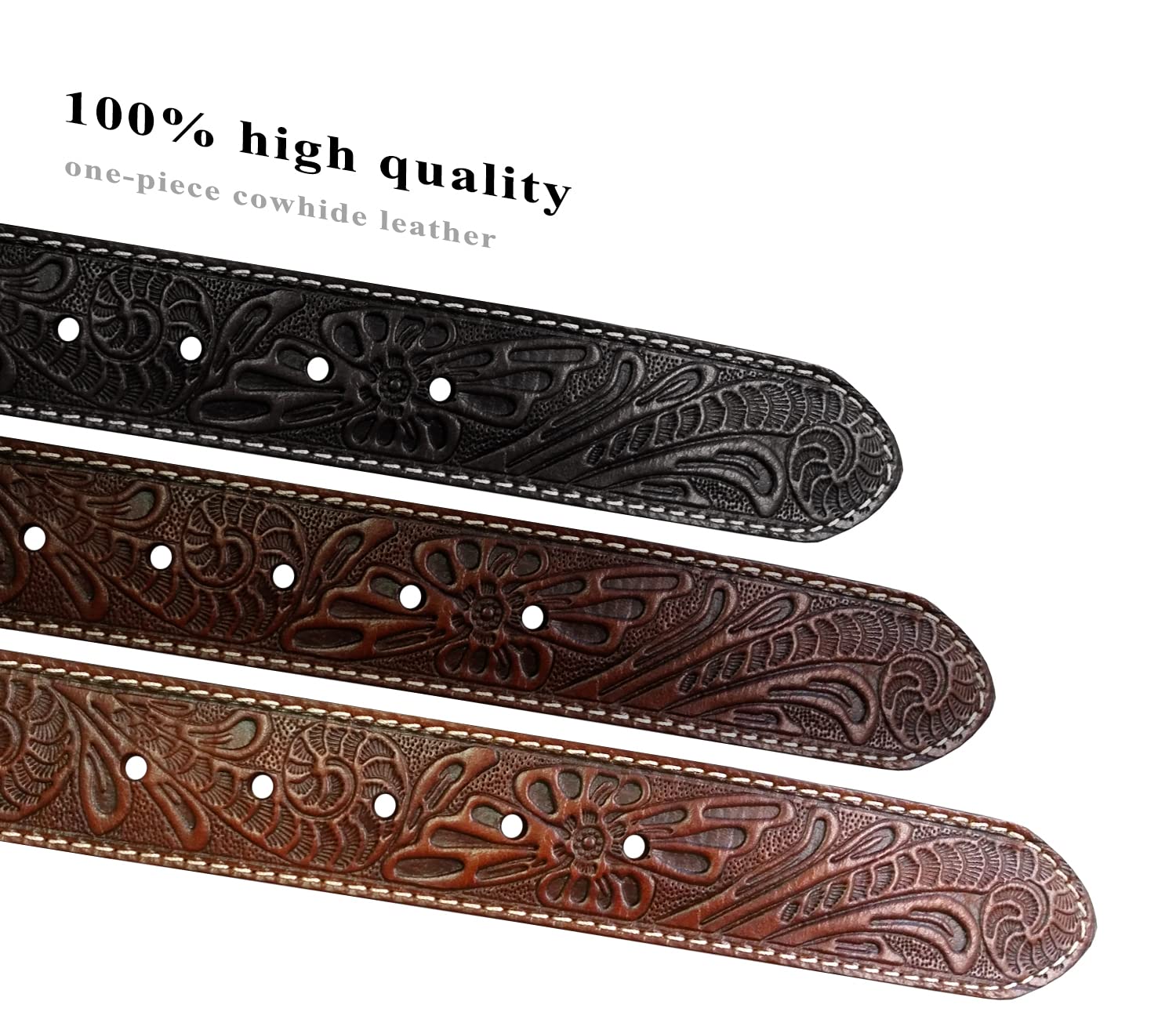 Engraved Tooled Leather Genuine Full Grain Western Floral Belt Strap 1-1/2" Wide (Black, 38)