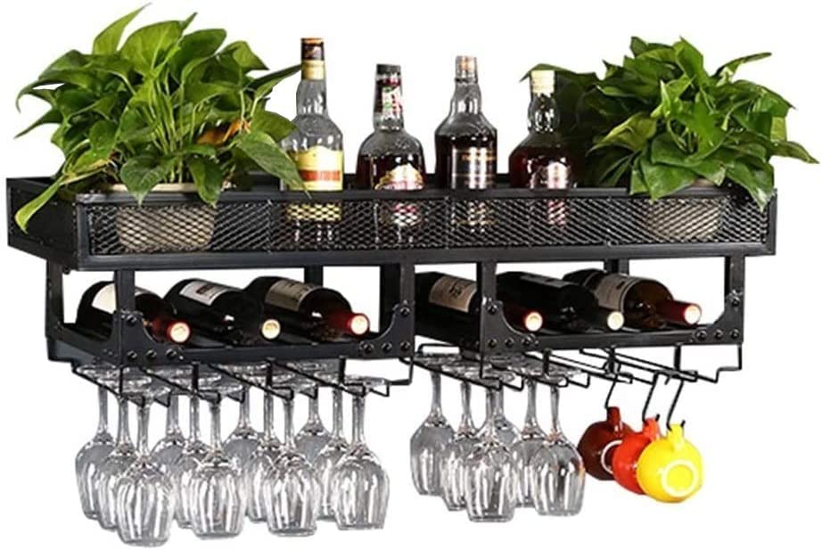 Metal Wine Rack Wall Hanging Wine Bottle Storage Rack Wine Glass Holder Wall Décor for Home Interior Champagne Stemware Goblet Organization Display Shelf (Color : Black)
