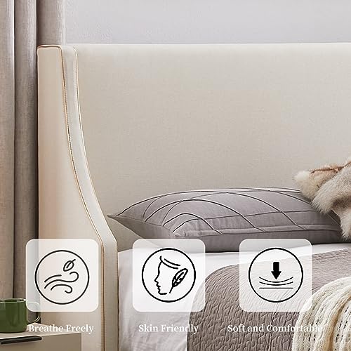 QNZK Upholstered Platform Bed Frame with Linen Headboard, Golden PVC Material Edge, Metal Frame Wooden Slat Support, No Box Spring Needed, Wood Foot Easy to Assemble & Noiseless (Beige, Full)