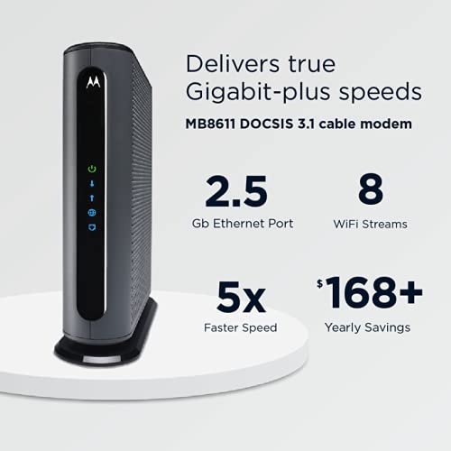 Motorola MH7023 Mesh (3 Pack) + MB8611 Cable Modem - Approved for Comcast Xfinity, Cox Gigablast, Spectrum | for Cable Plans up to 2500 Mbps | Tri-Band | AC2200 WiFi Speed | DOCSIS 3.1