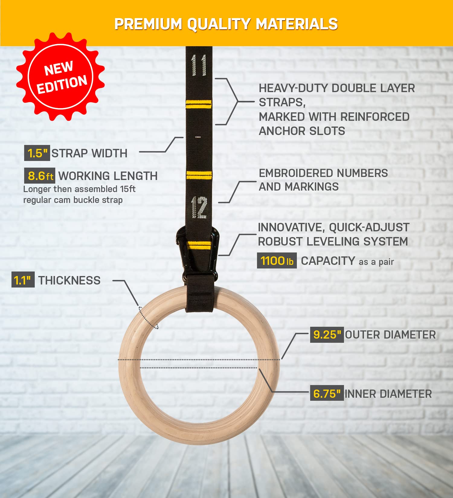 Double Circle Wood Gymnastic Rings 1.1 Inch, Numbered Straps and Exercise Videos Guide for CrossFit, Bodyweight Training, and Gym