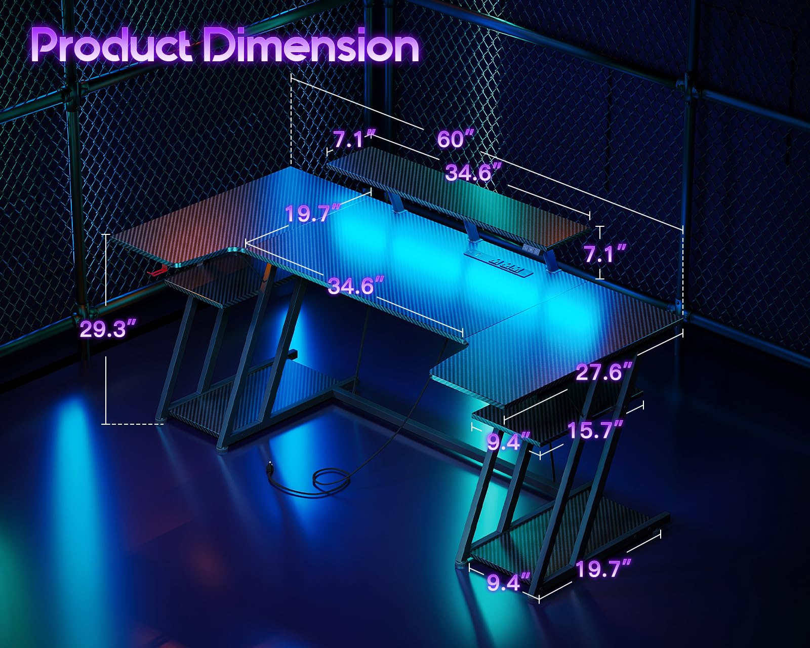 MOTPK Gaming Desk with LED Lights, 60 Inch U Shaped Desk with Power Outlet, Gaming Computer Desk with Storage Shelves, PC Gaming Table with Monitor Stand&Headphone Hook, Carbon Fiber Texture, Black