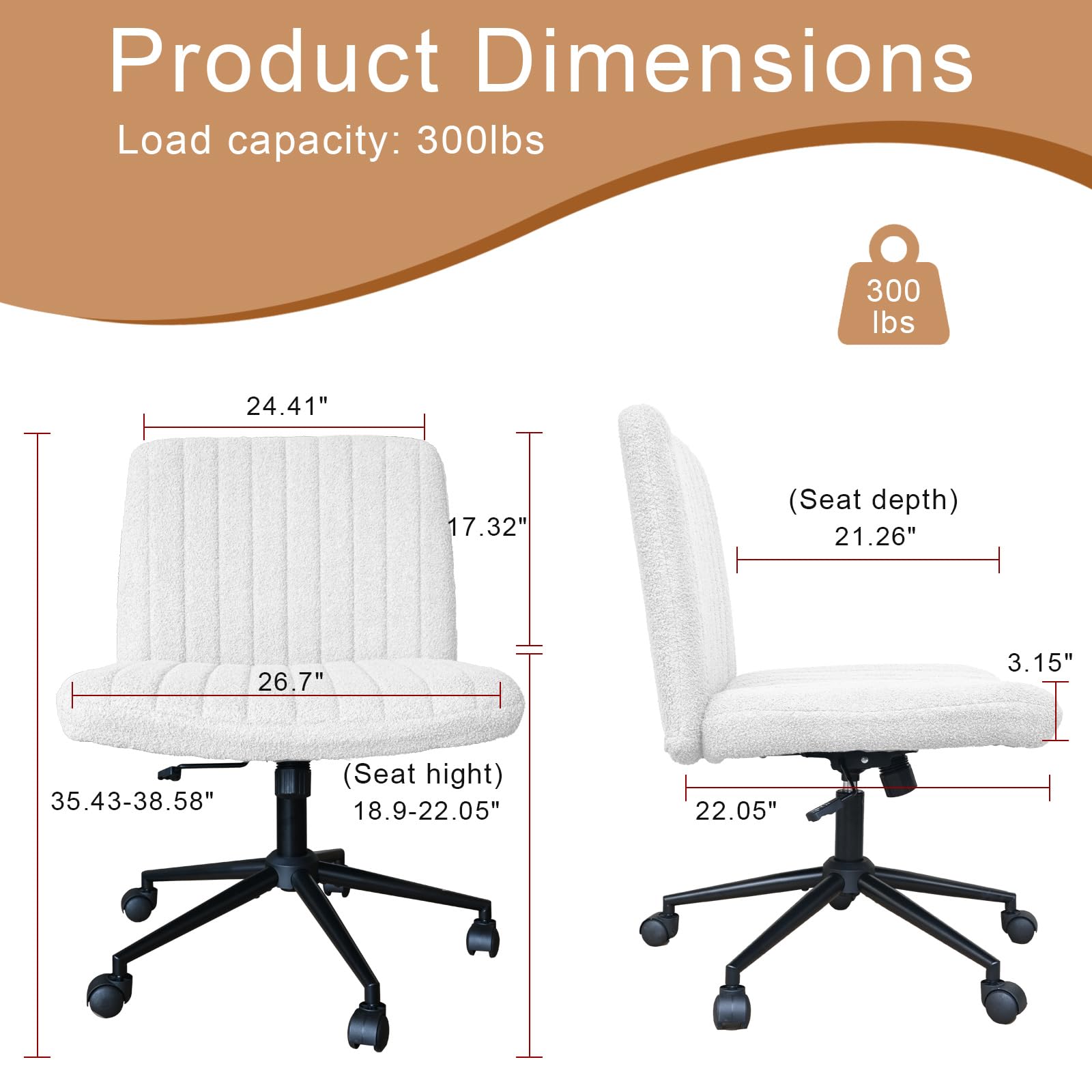 Kadunmina Armless Office Desk Chair with Wheels, Modern Swivel Computer Task Chair Comfortable Adjustable Wide Seat Vanity Chair for Home, Bedroom, Make Up(White)