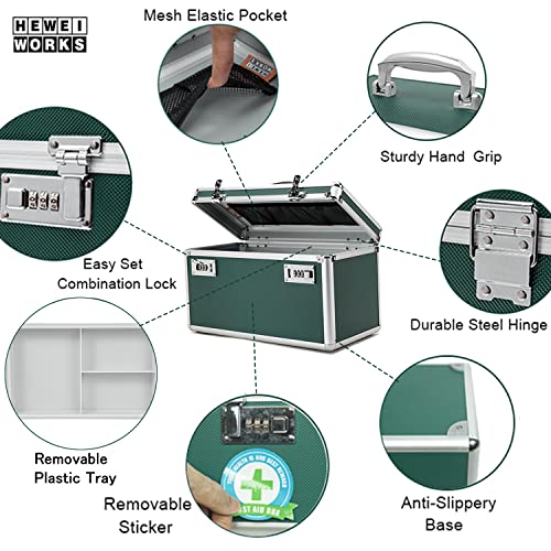 HEWEI WORKS Large capacity Locking Box, Lockable Medication Box with Portable Storage Case, 15''x 8.7''x 9.3'', Childproof Medicine Lock Organizer, Locked Empty First Aid Storage Case (GREEN)