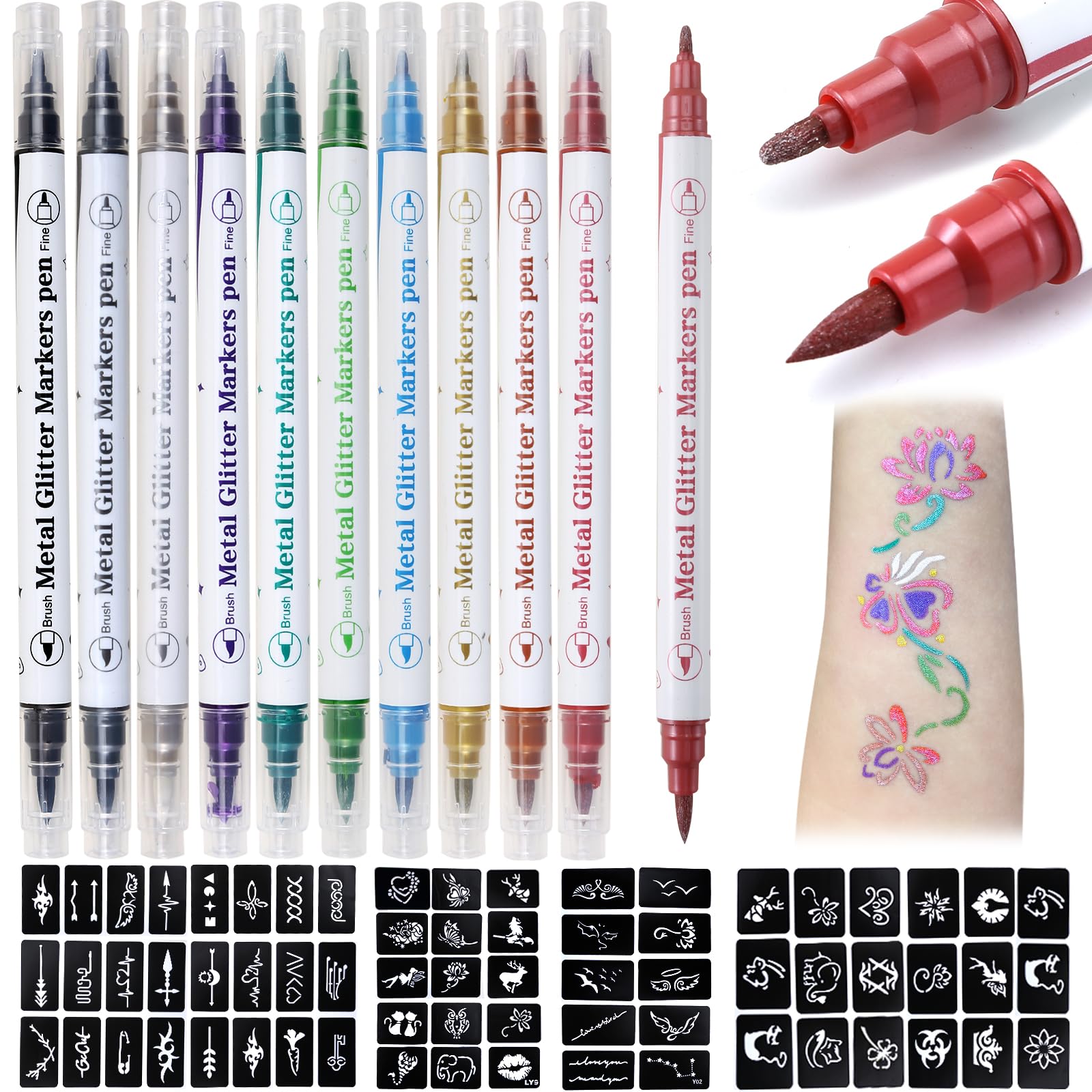 Erinde Temporary Tattoo Markers for Skin, 10 Colors Body Marker Pen + 67 Large Tattoo Stencils for Kids and Adults, Skin-Safe Dual-End Tattoo Pens Make Bold and Fine Lines for Body & Face Paint