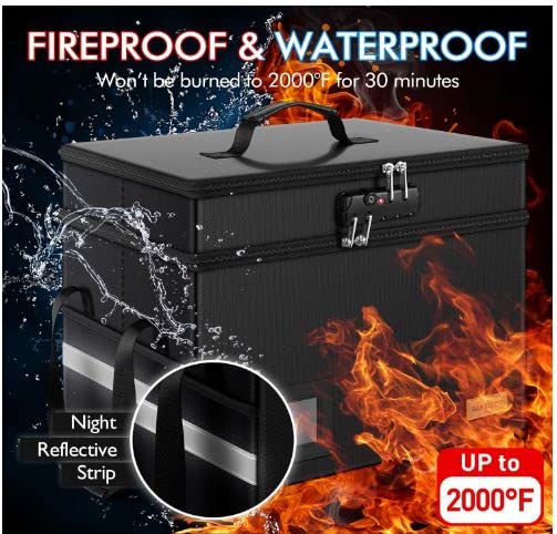 Fireproof Document Bag, Waterproof 3-Layer File Organizer with Lock, Travel Safe Money Bag with Shoulder Strap Portable Filing Storage Box for Important Valuables Certificates,Documents,Black