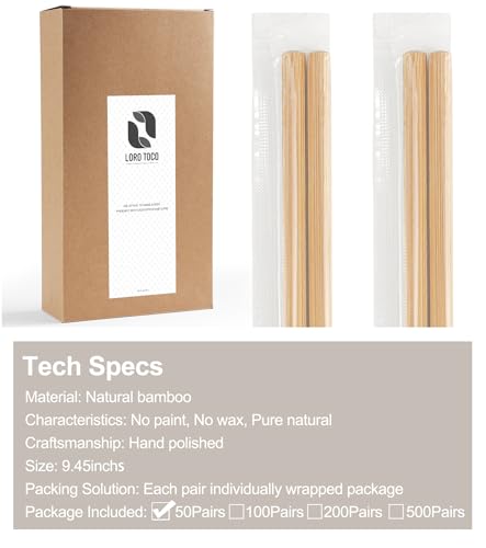 LOROTOCO 50 Pairs Chopsticks Disposable Reusable 9.5" Individually Wrapped Bulk Premium Quality