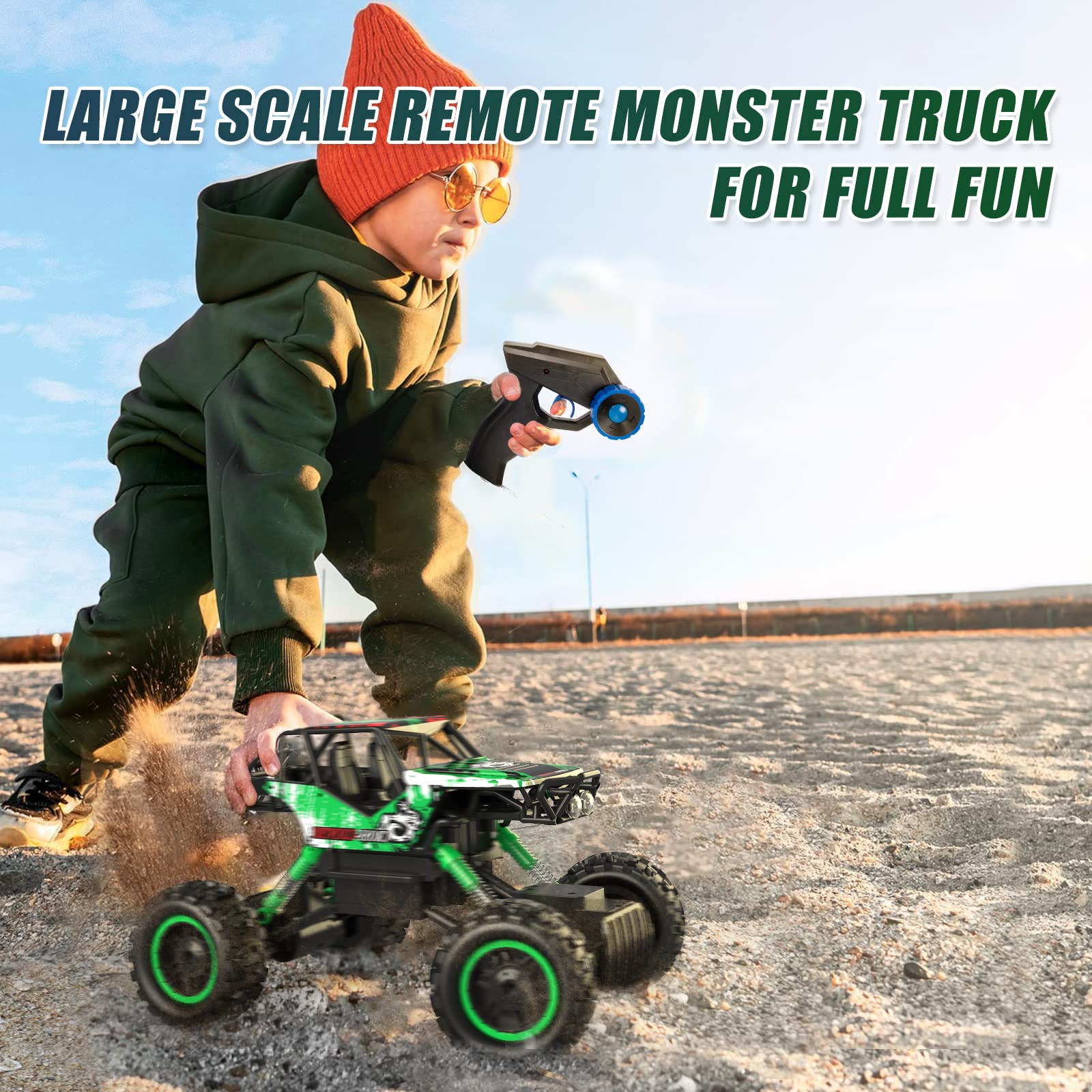 DOUBLE E 1:12 Scale Large Remote Control Car Monster Trucks for Boys with Head Lights 4WD Off All Terrain RC Car Rechargeable Vehicles Xmas Gifts for Kids
