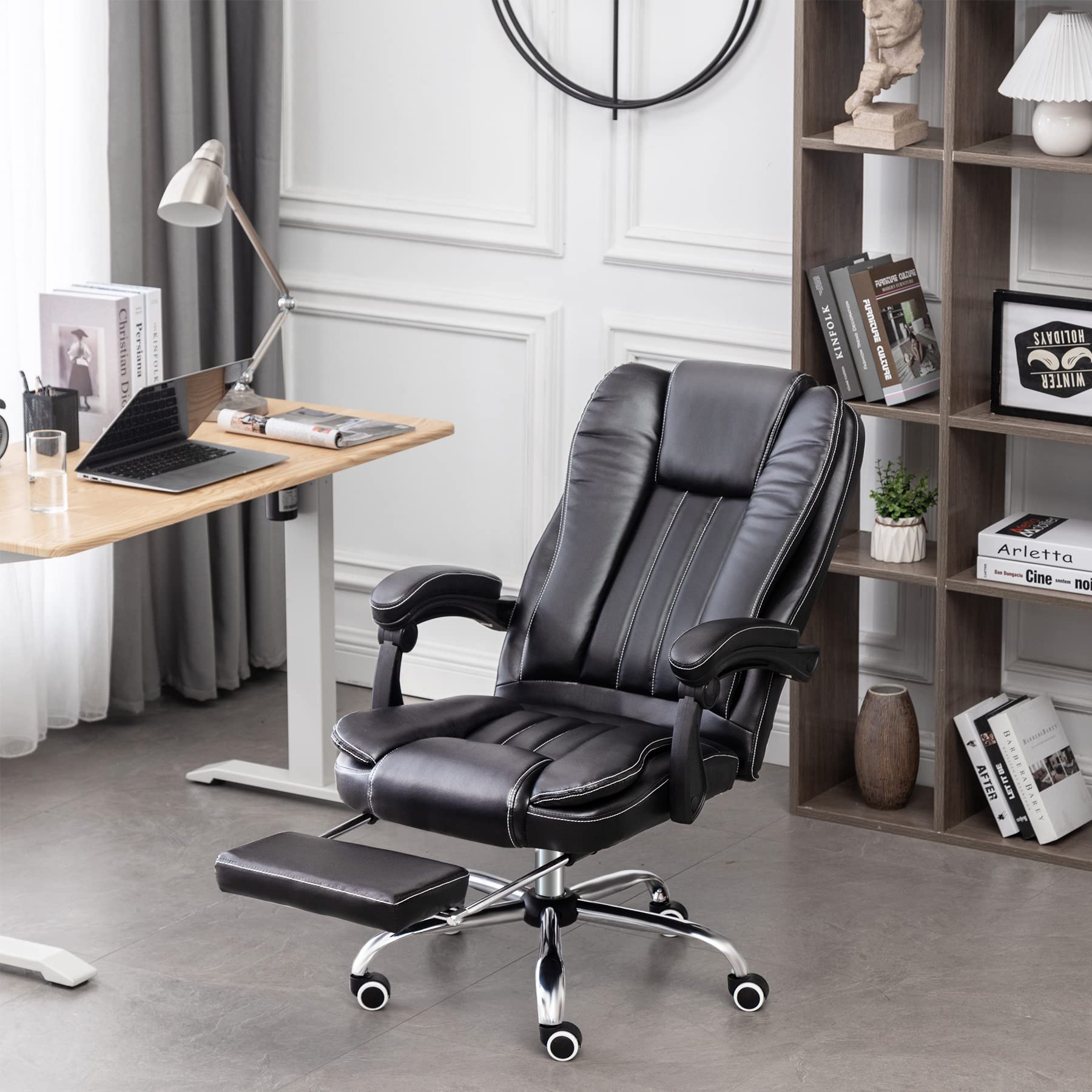 Erinnyees Executive Office Chair, PU Ergonomic Chair with Footrest and Linkage Armrests, 90°-155° Reclining Office Chair, 360° Swivel Computer Desk Chair with Back Support, Black