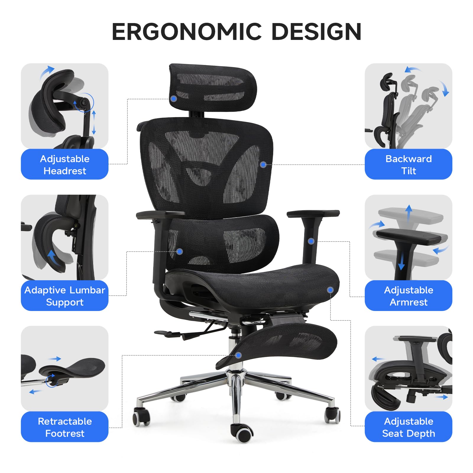 Office Chair Ergonomic Desk Chair, High Back Office Chair with Lumbar Support, Mesh Desk Chair with Adjustable Headrest Tilt Function and PU Wheels for Home Office Study and Work (Black)