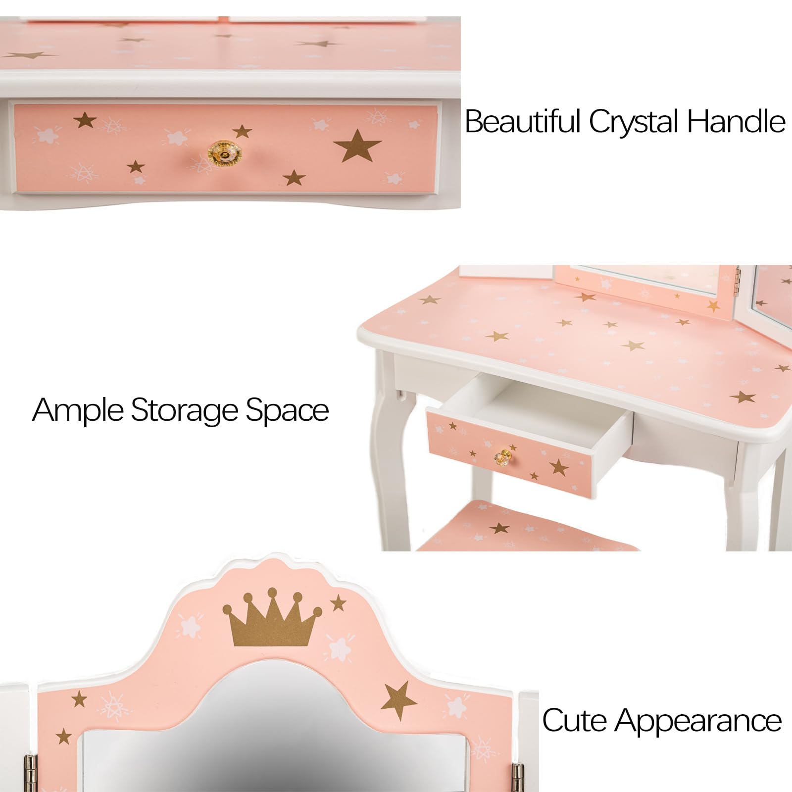 Hobbyfield 2-in-1 Princess Vanity Set,Princess Makeup Table with Mirror, Stool, Tri-Folding Mirror & Drawer,Pretend Play Dressing Table for Toddler Girls(Star Pink)