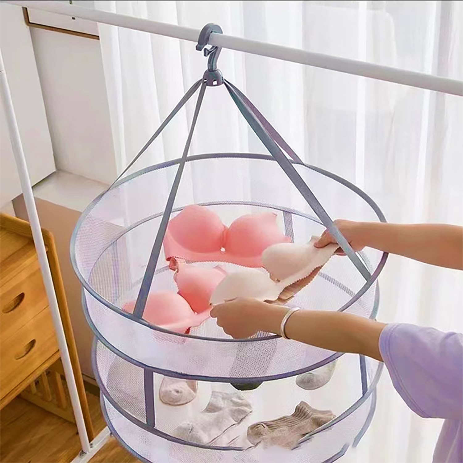 Qaoliffa 2-Tier Folding Mesh Clothes Hanging Dryer,Prevent Sweater from Deforming,Laundry Basket for Drying Underwear,Towels, Hats, Scarves,23 inches in Diameter(Set of 2)