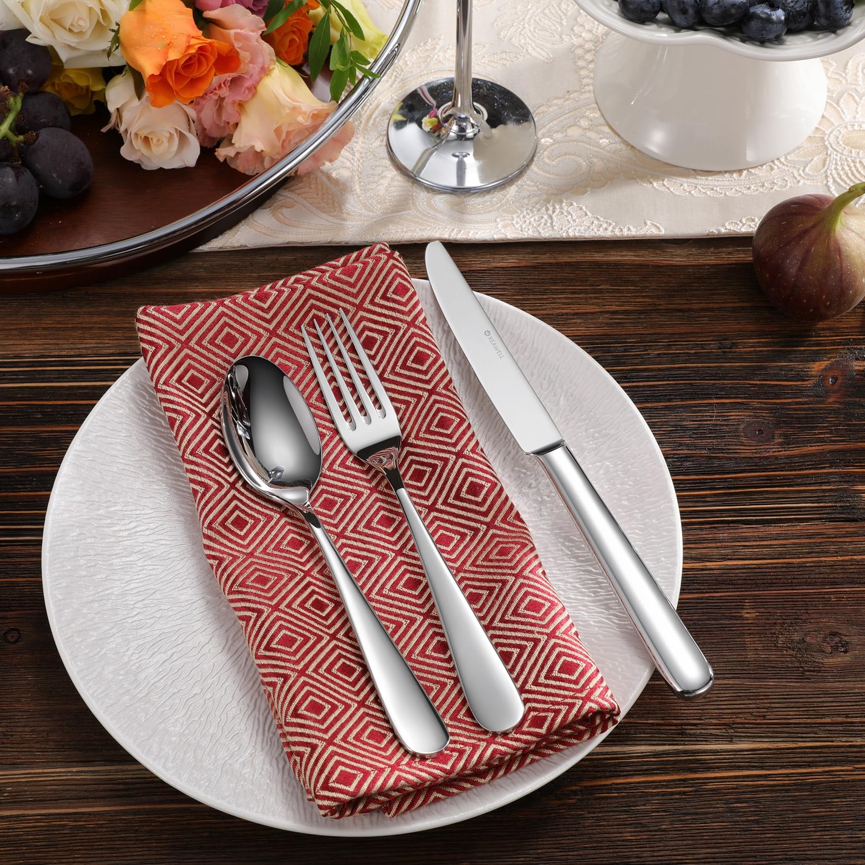 KEAWELL Premium 45-Piece Louise Silverware Set, 18/10 Stainless Steel, Service for 8, Fine Flatware Set, Smooth and Exceptional mirror finish, Dishwasher Safe (45)