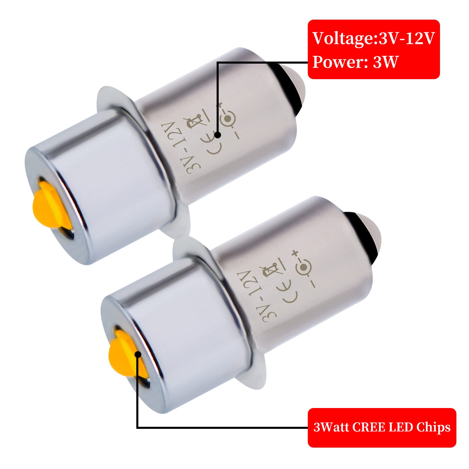 Double liang Upgrade AC/DC LED Flashlight Bulb 18V P13.5S 3W 6-30V (6V 9V 12V 19.2V 24V) LED Replacement Bulb for Torch Tooling Lantern Bulbs Replacement,Non-Polarity (6-24V, White)