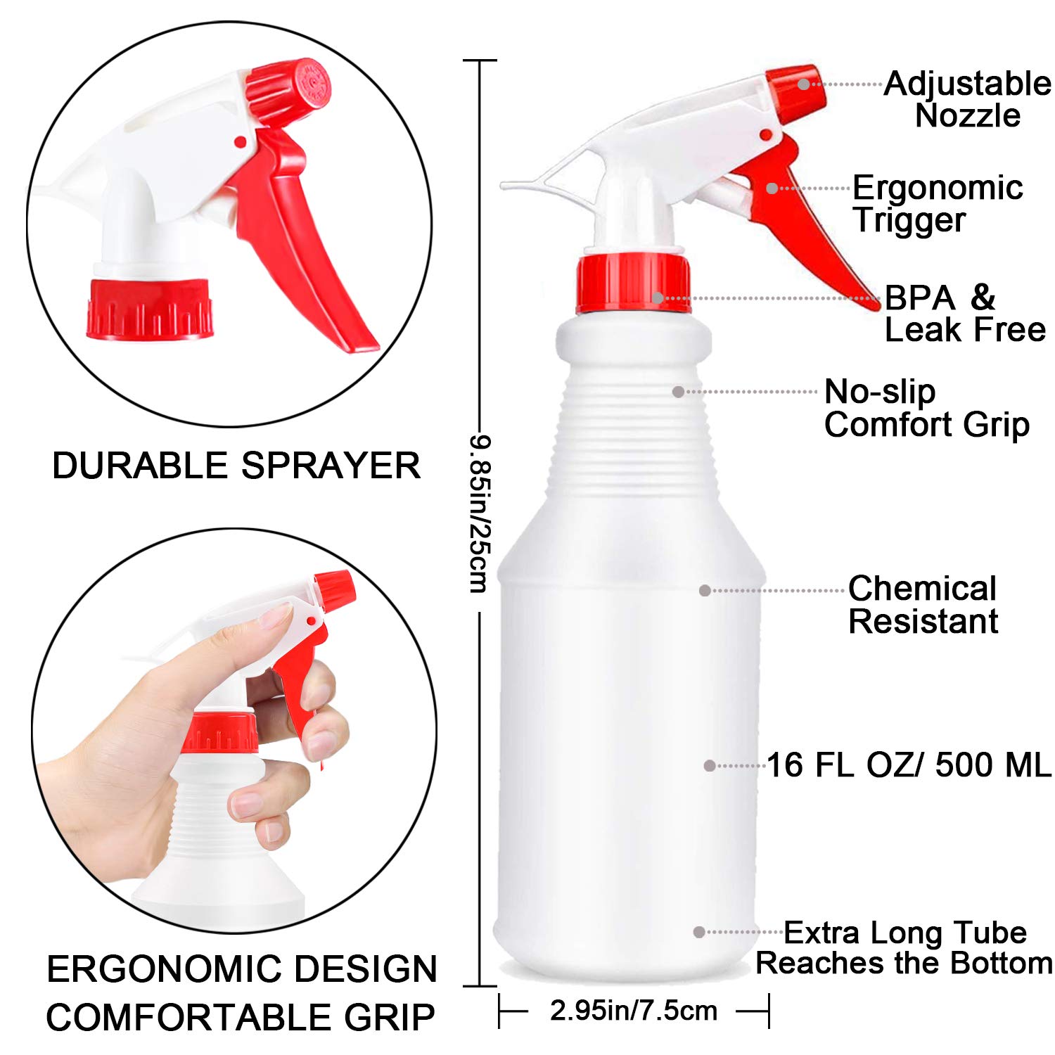 Empty Plastic Spray Bottles 16oz/500ml 2 Pack Professional Heavy Duty Reusable Water Spray Bottle with Adjustable Trigger Sprayer from Fine Mist to Stream for Hair Cleaning Solutions Gardening Plant