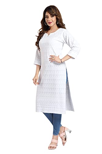 QUEEN SHIELD Women's Chikan-Kari Long Knee Length Kurti(White)(L)(40White9999)