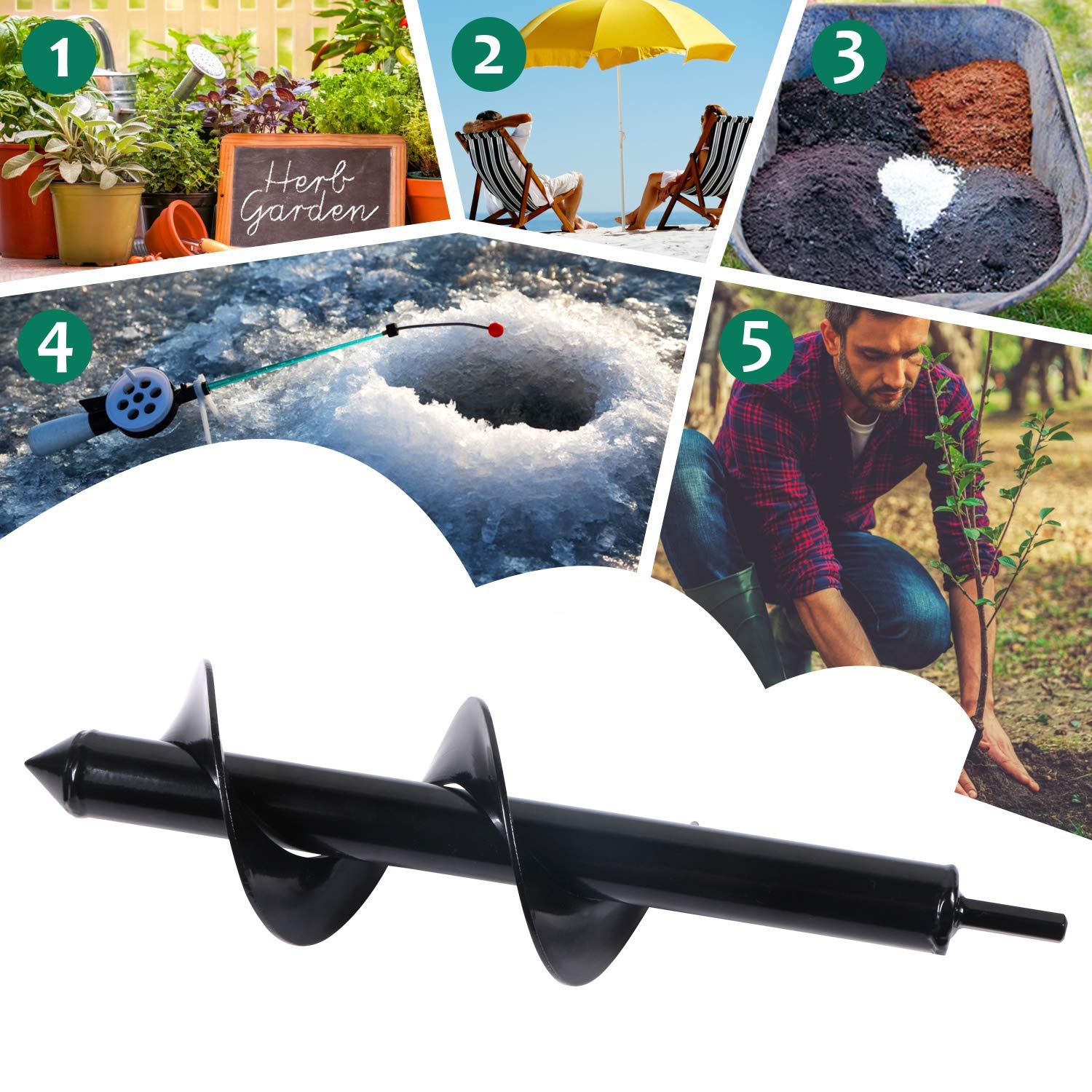 Harapu Auger Drill Bit, Non-Slip -3" x 12" Garden Plant Flower Bulb HEX Shaft Auger Earth Auger Bit, Post or Umbrella Hole Digger for 3/8" Hex Drive Drill Black