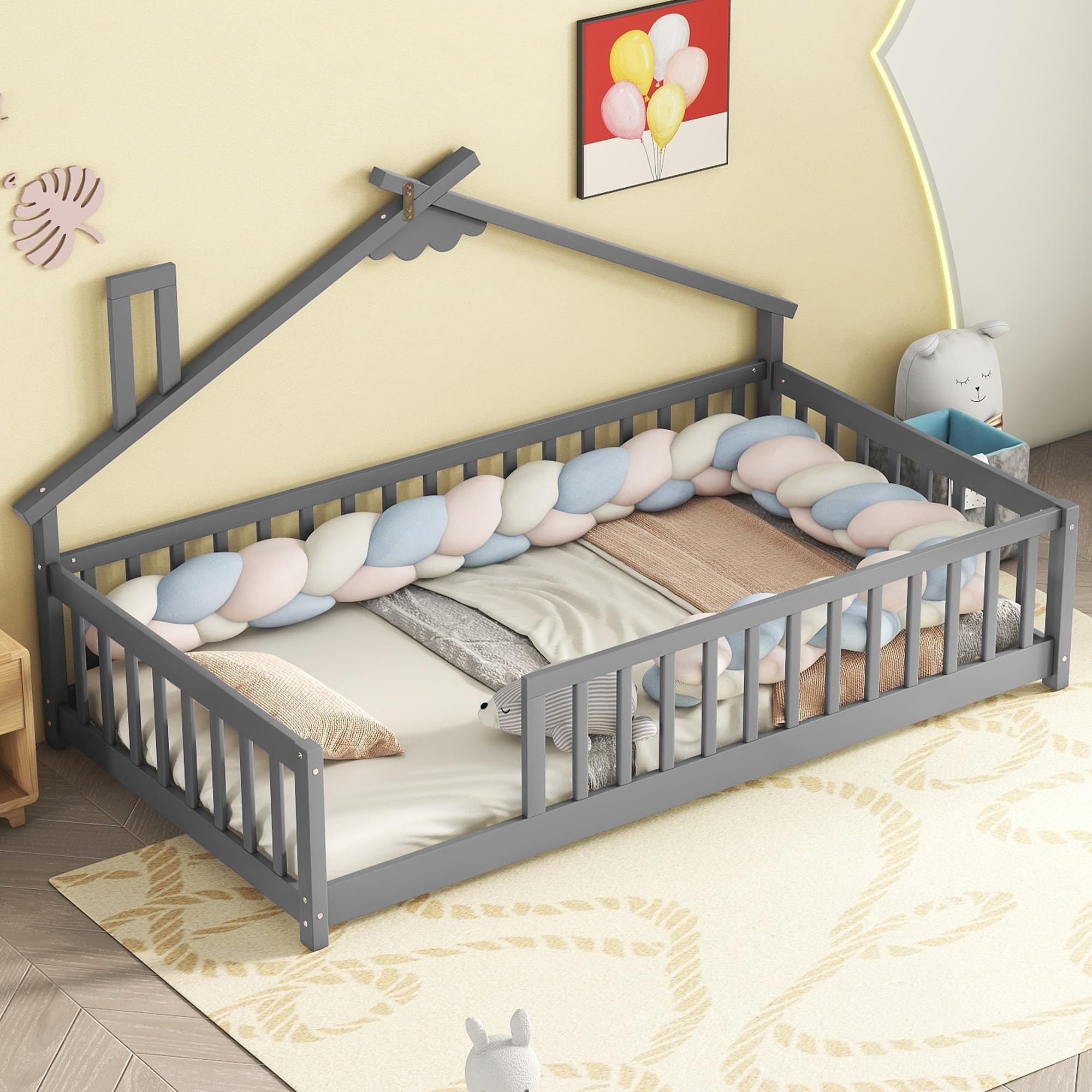 LostCat Twin Size Floor Bed with House-Shaped Bedside Design, Montessori Bed with Guardrails for Kids Boys Girls, Wood Slat Support, No Box Spring Needed, Grey