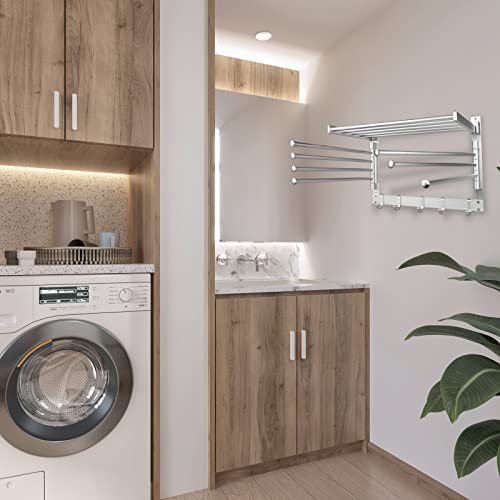 Laundry Clothes Drying Rack, Foldable Wall Mounted Drying Rack, Swivel Towel Rack with 5 Coat Hooks & 7 Swing Arms, Space Aluminum Drying Rack for Laundry Room Organization and Bathroom (Silver 7rods)