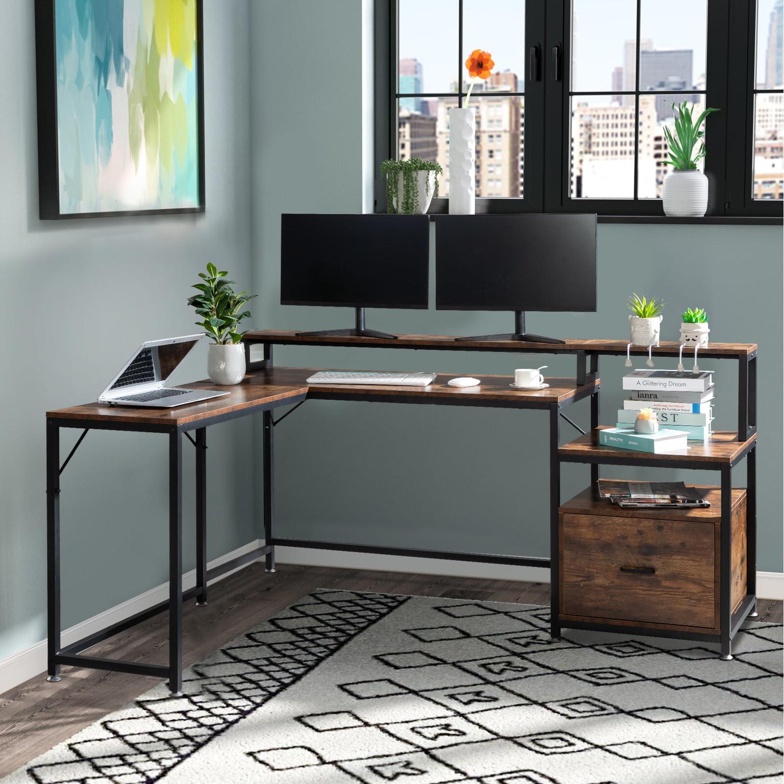 DESIGNSCAPE3D Spacious Retro Wood Grain L-Shaped Computer Desk with File Drawer Cabinet and Wireless Charging
