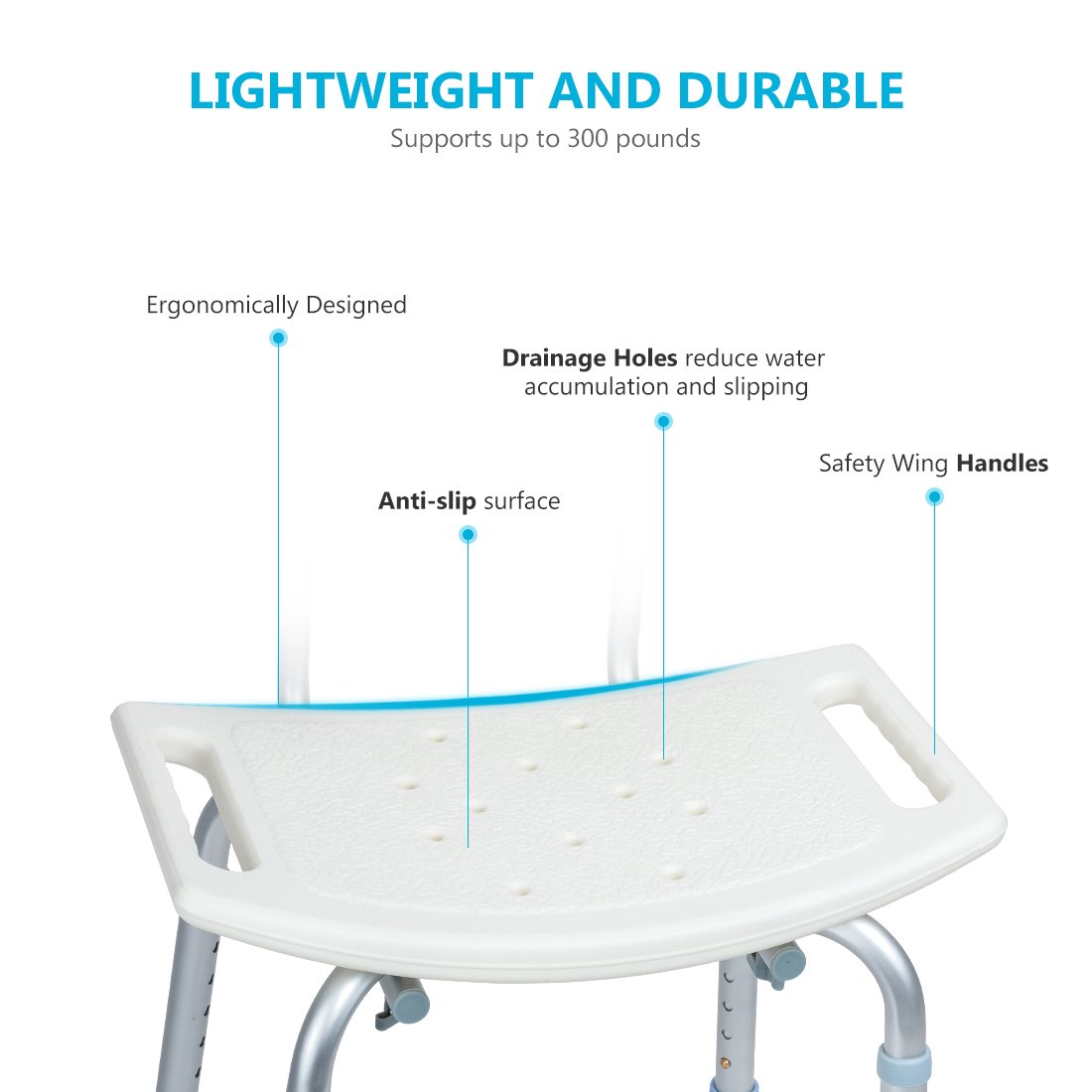 OasisSpace Shower Chair with Back, Heavy Duty Adjustable Shower Seat Stool - Medical Tool Free Anti-Slip Bathtub Seat Bench Lightweight and Durable for Elderly, Senior, Handicap, Disabled