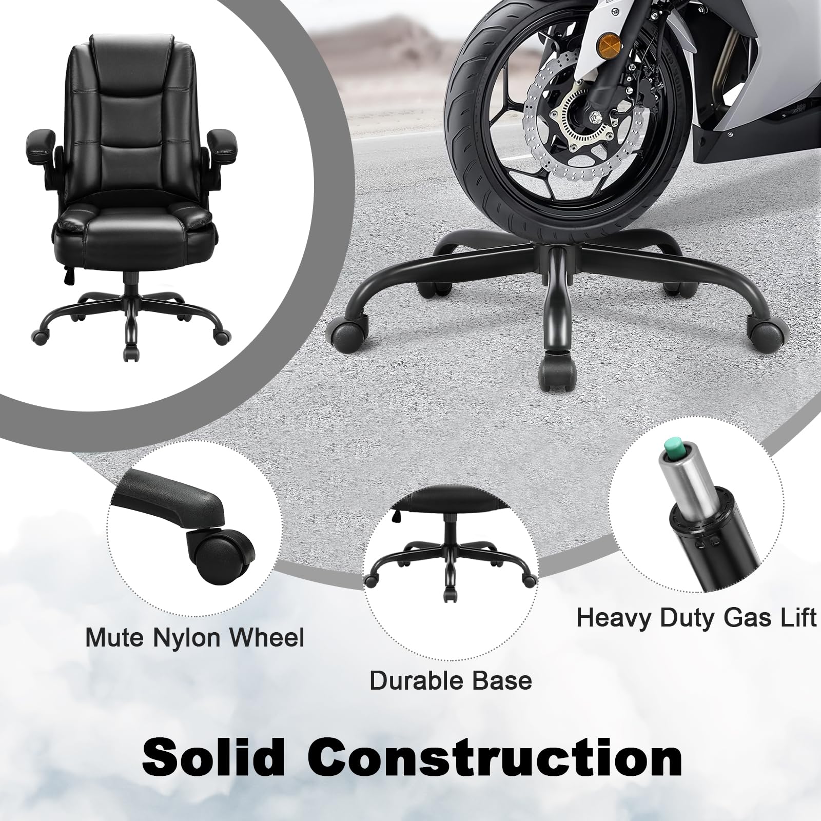 OFIKA Big and Tall Office Chair Computer Desk Chair - Ergonomic High Back Lumbar Support Home Office Chair with Padded Flip-up Arms, Adjustable Height Leather Office Executive Chair (Black1)