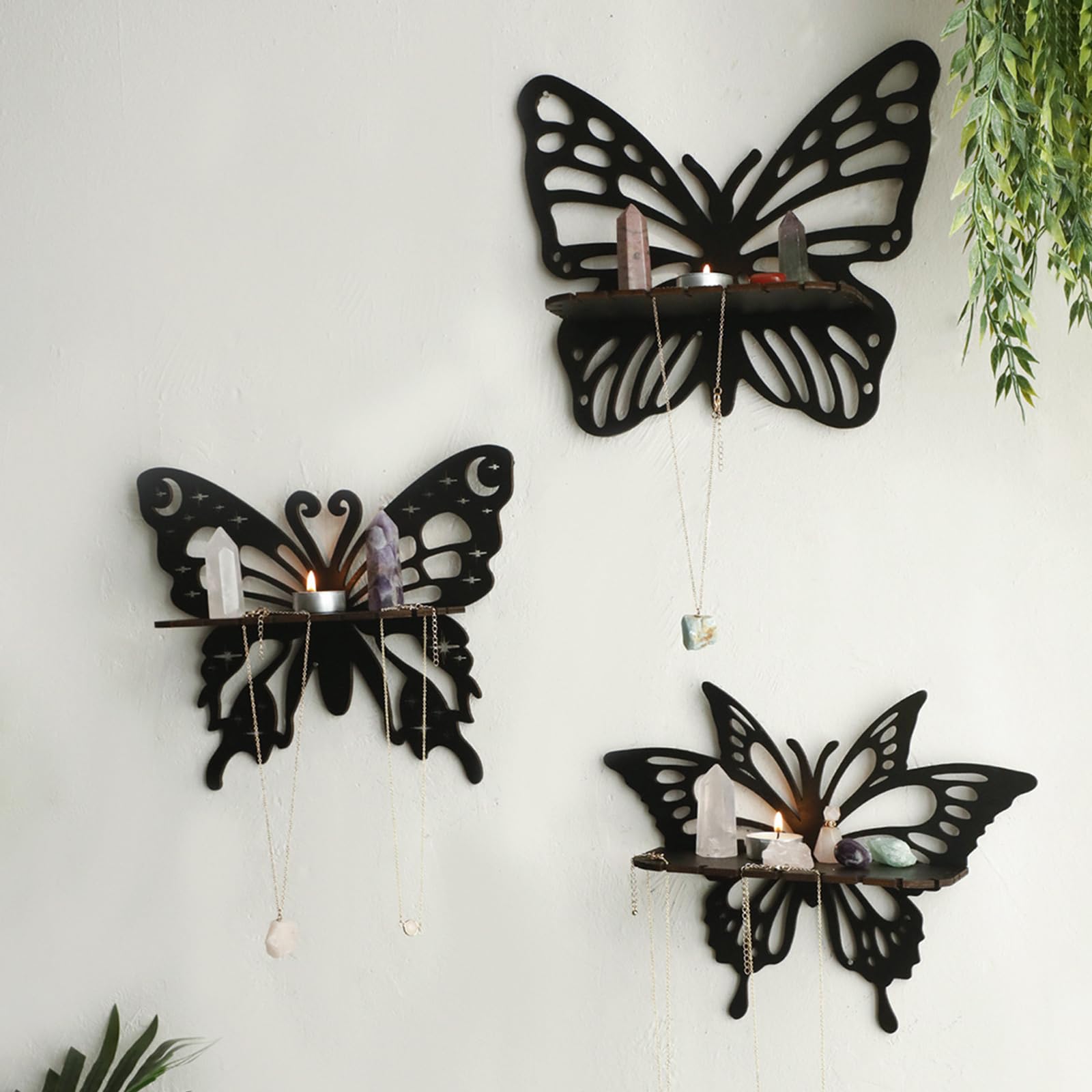 HWOLPEMS Crystal Shelf Display, Wooden Butterfly Crystal Holder Shelve, Boho Wall Display Shelf, Stones, Candle, Necklace Hanging Holder, Interior Wall Decor Shelf