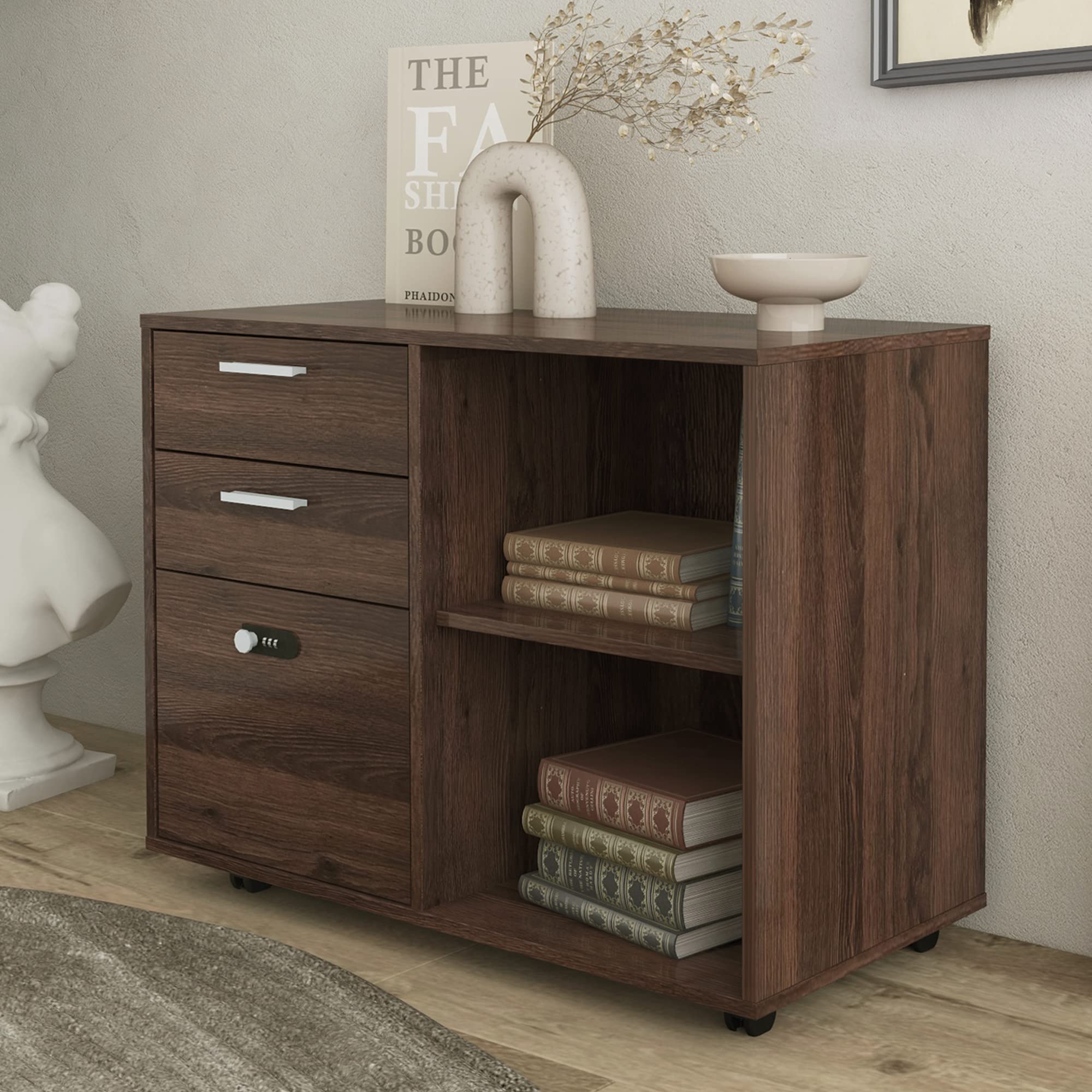 Drawer Wood File Cabinet with Coded Lock, Hanging File Folders A4 or Letter Size, Small Rolling File Cabinet Printer Stand Office Storage Cabinet Office Pulley Movable File Cabinet (Brown Oak)