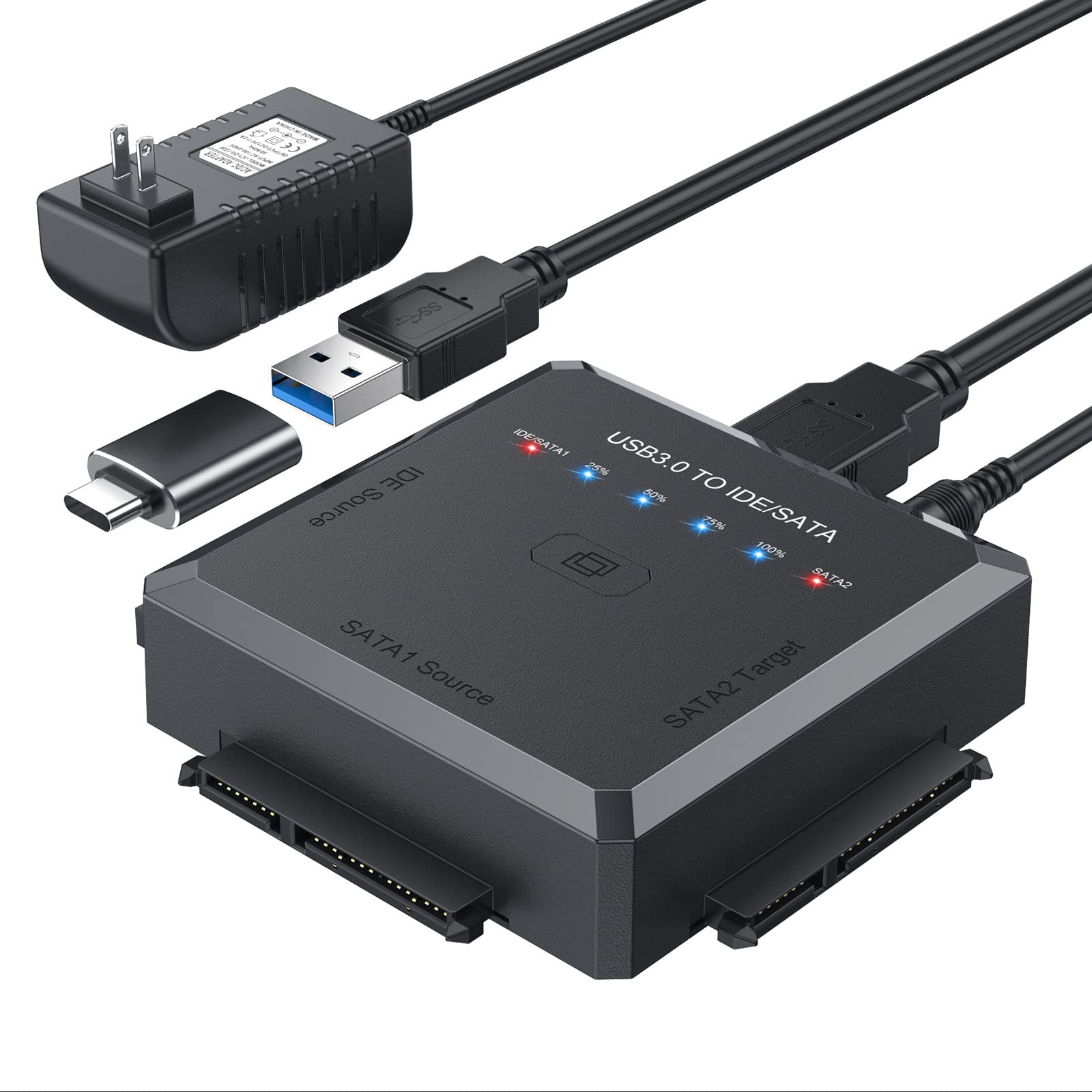Hard Drive Reader, SATA/IDE to USB 3.0 Adapter External Hard Drive Ultra Recovery Converter for 2.5/3.5 HDD/SSD Hard Drive, Included 12V/2A Power Adapter