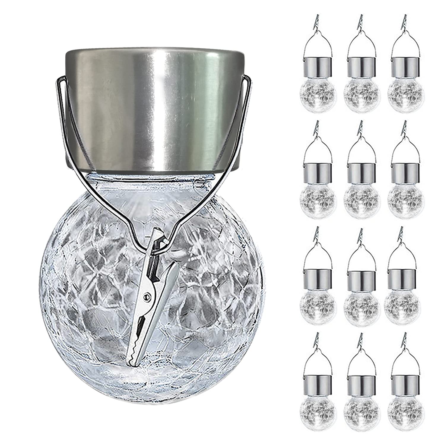 Enee ELee 12 Pack Hanging Solar Lights Outdoor Cracked Glass Ball Light Solar Powered Waterproof Outside Globe Lighting with Clips for Garden Yard Patio Trees Fence Decorations(Cool White)