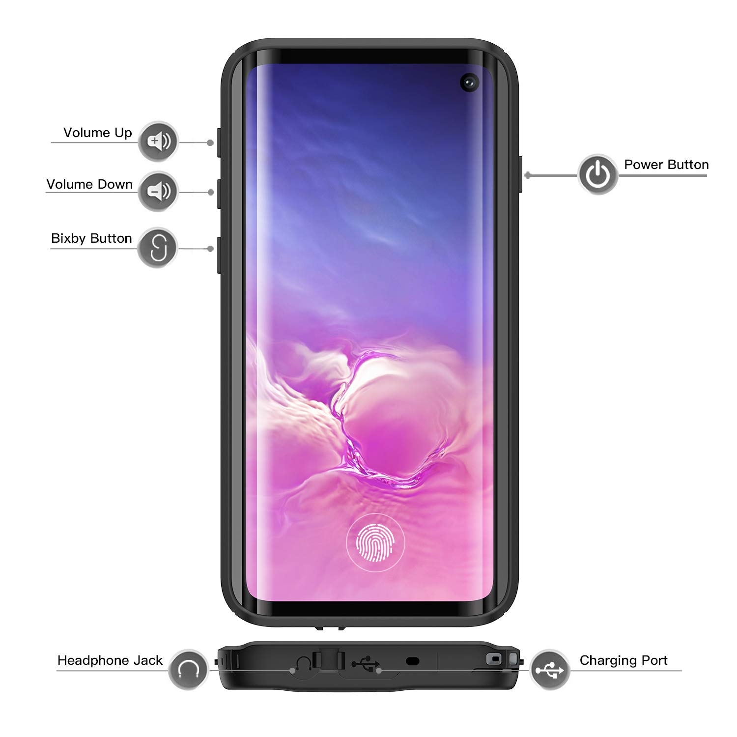 Fansteck Samsung Galaxy S10 Waterproof Case, IP68 Waterproof/Snowproof/Shockproof/Dirtproof, Full-Body Protective Case with Built-in Screen Protector for Samsung Galaxy S10 Black