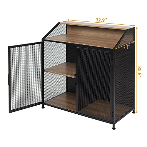 NSdirect Metal Coffee Bar Storage Cabinet, Industrial Bar Cabinet with Metal Mesh Doors, Coffee Bar Sideboard for Wines and Liquors, 33 Inch, with Wine Rack
