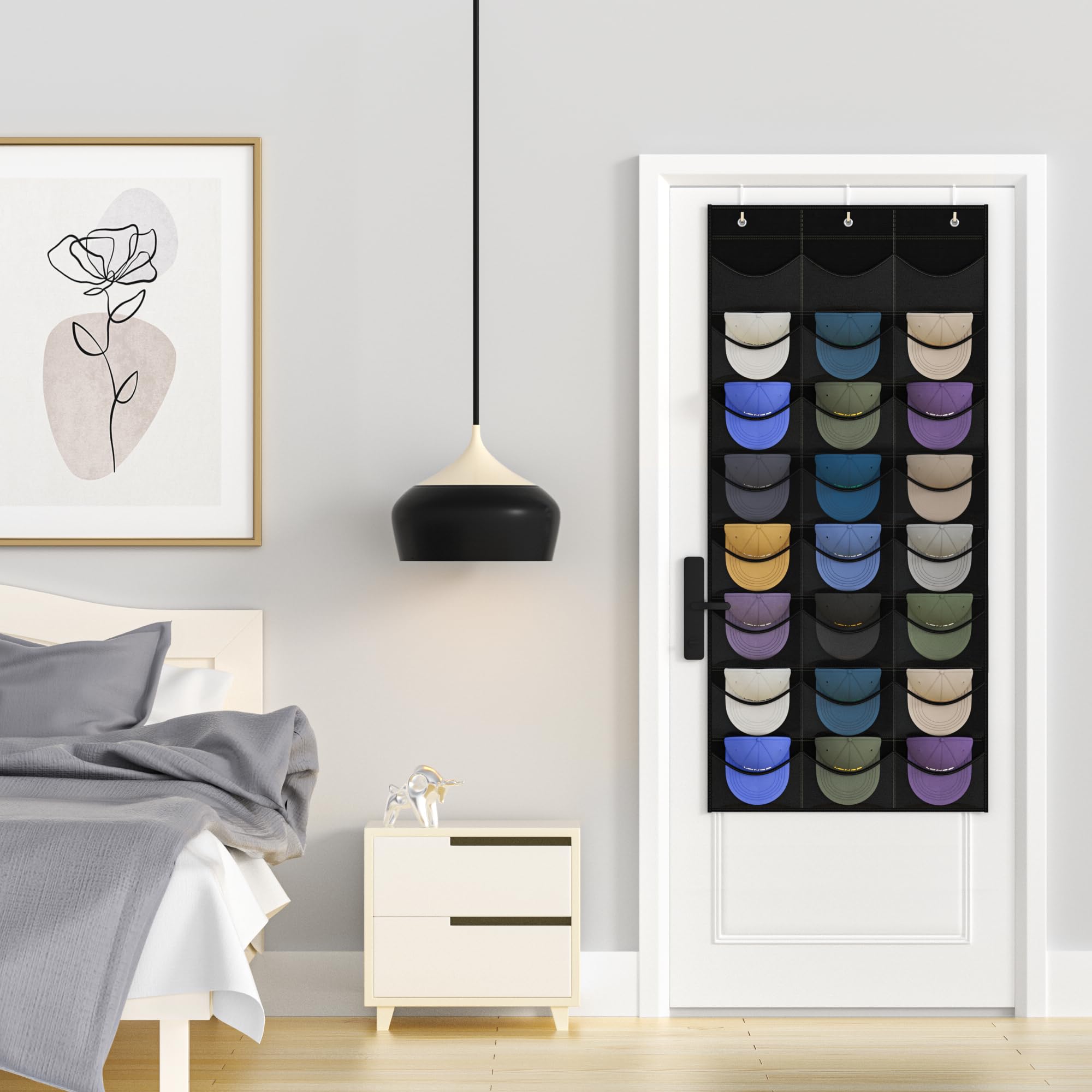 LONGD Hat Rack, Features 27 Clear Deep Pockets, Ideal for Organizing Baseball Caps, Convenient Over-The-Door or Wall Mount Design, Effortless Display and Storage, Sleek Gray