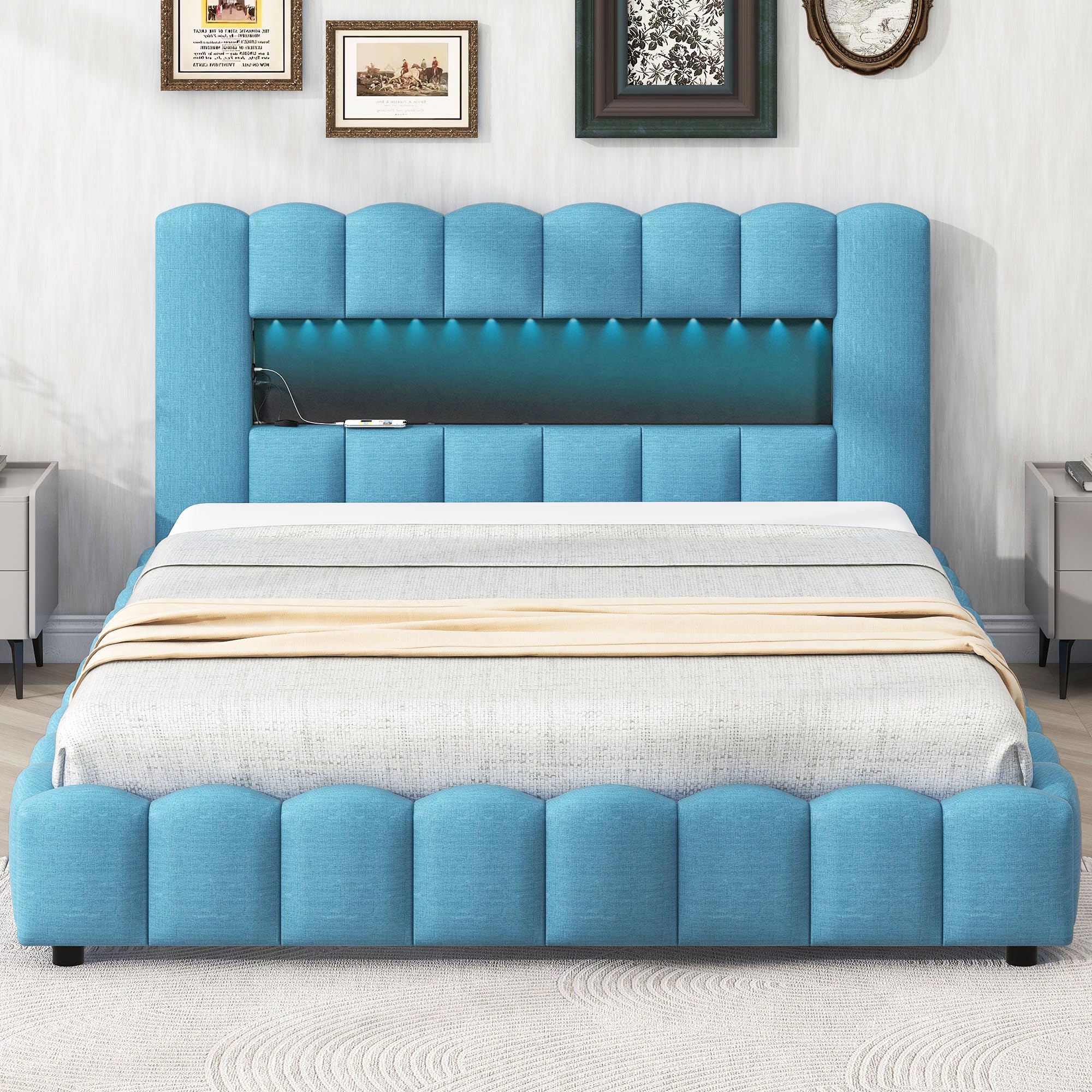 DOLPRNE Queen Size Bed Frame,Modern Upholstered Platform Bed with LED Headboard and USB,Velvet Tufted Headboard,No Box Spring Needed,Blue