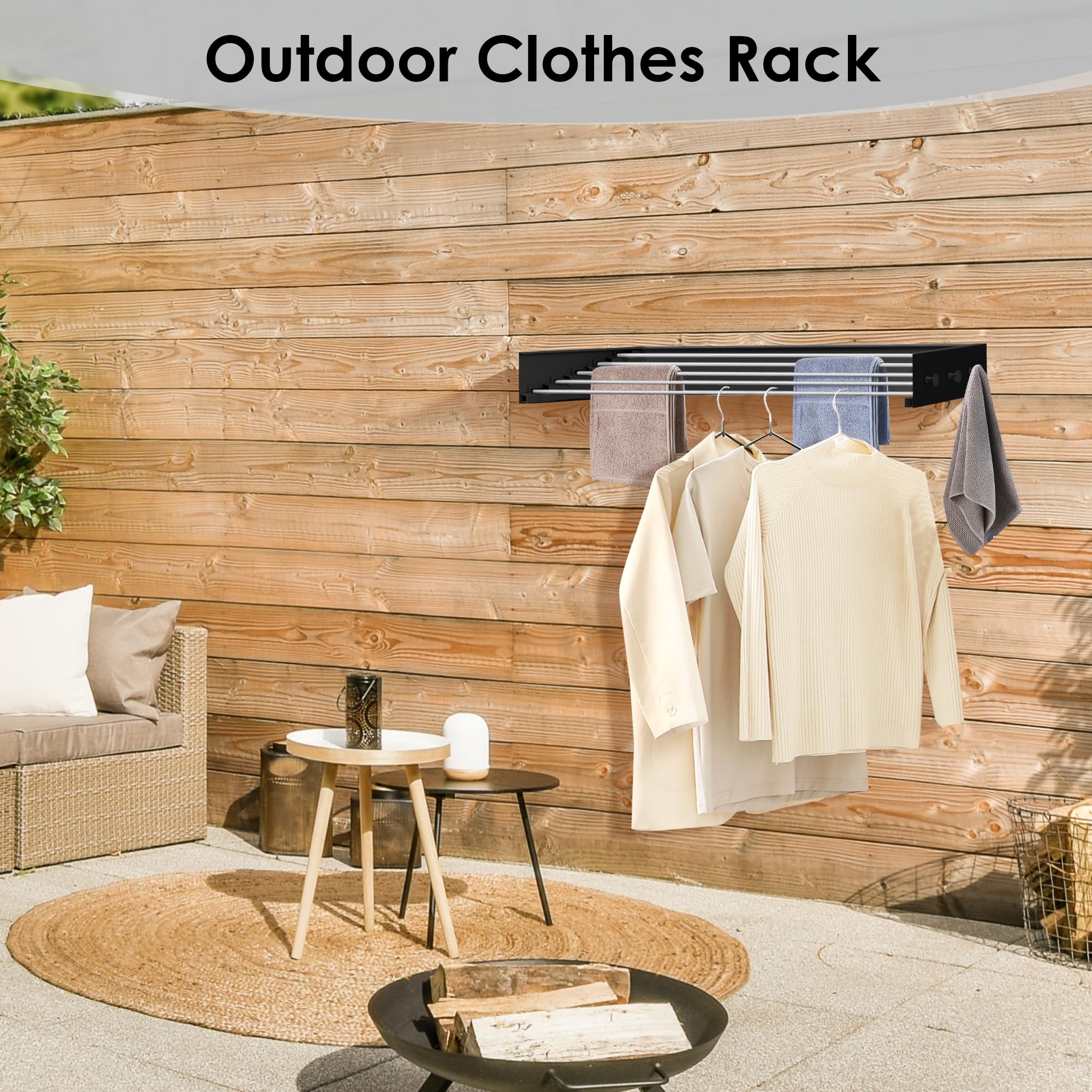 Qidordour Wall Mounted Clothes Drying Rack, Collapsible Laundry Rack with 6 Towel Hooks, Foldable Clothes Airer, 39.4 Inch 5-Rod Retractable Washing Line for Indoor Outdoor, Drying Space Saver, Black