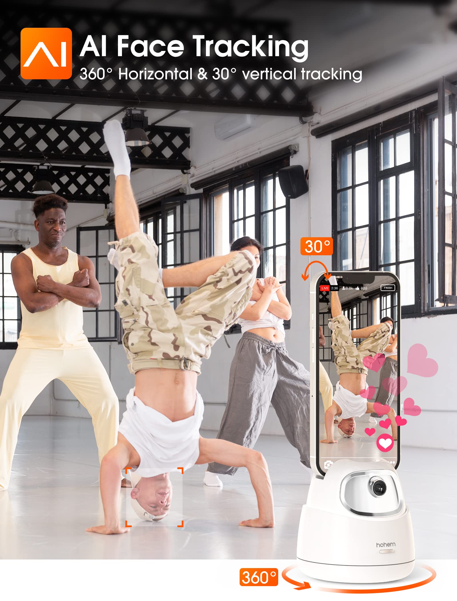 hohem GO Auto Face Tracking Tripod, No App Required, 360° and 30° Rotation 2-Axis AI Auto Tracking Phone Holder for Phone & Tablet, Gesture Control, Phone Stand for Live Streaming Vlog Video Recording